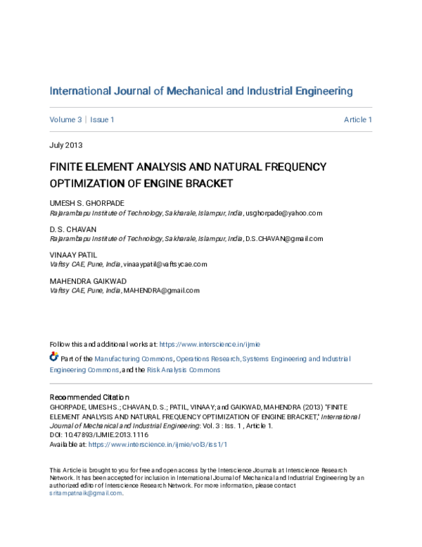 (PDF) Finite Element Analysis and Natural Frequency Optimization of Engine Bracket