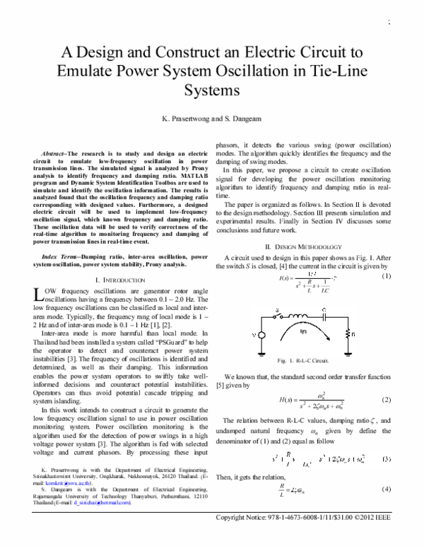 Pdf A Design And Construct An Electric Circuit To Emulate Power System Oscillation In Tie Line