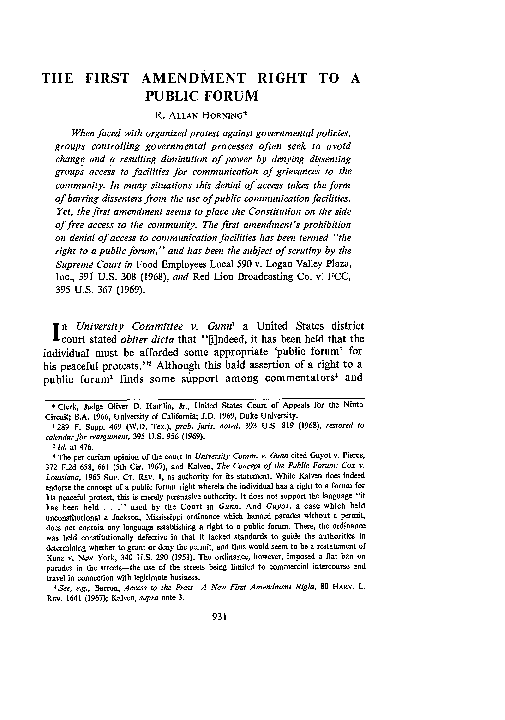 (PDF) The First Amendment Right to a Public Forum | Richard Horning ...