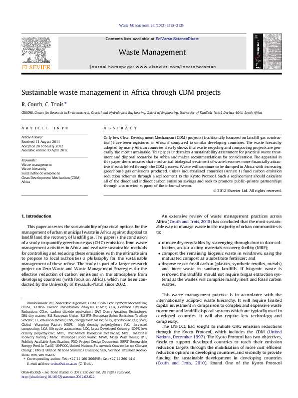 (PDF) Sustainable waste management in Africa through CDM projects