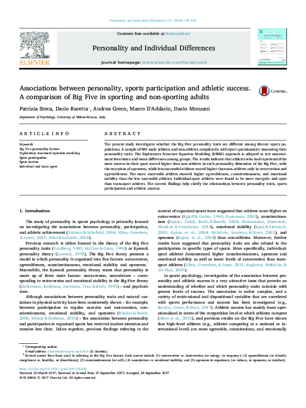 (PDF) Associations between personality, sports participation and athletic success. A comparison ...