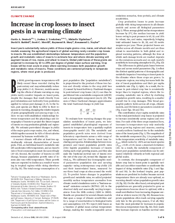(PDF) Increase in crop losses to insect pests in a warming climate