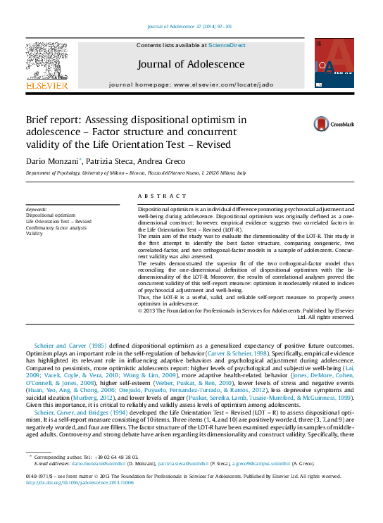 Pdf Brief Report Assessing Dispositional Optimism In Adolescence Factor Structure And