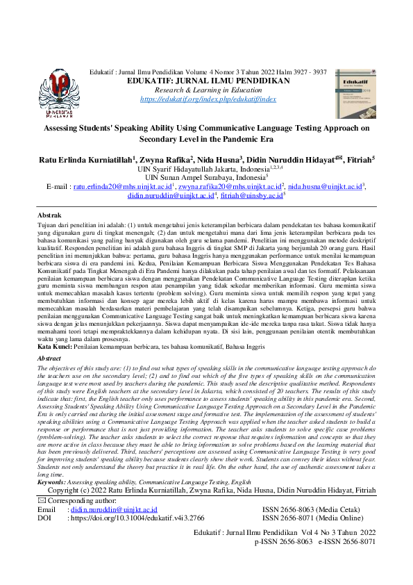 (PDF) Assessing Students' Speaking Ability Using Communicative Language ...