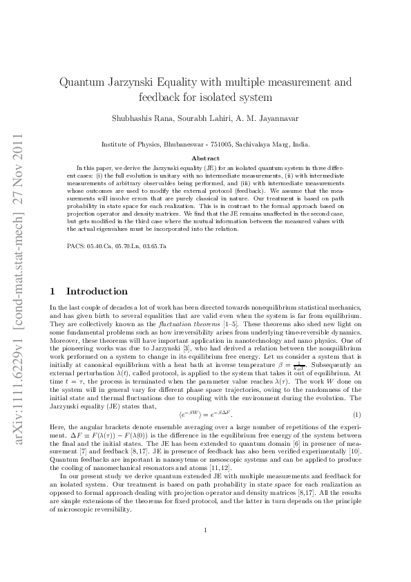(PDF) Quantum Jarzynski equality with multiple measurement and feedback ...
