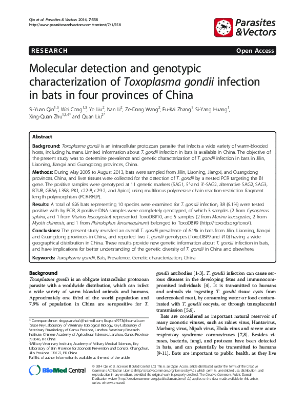 Pdf Molecular Detection And Genotypic Characterization Of Toxoplasma Gondii Infection In Bats