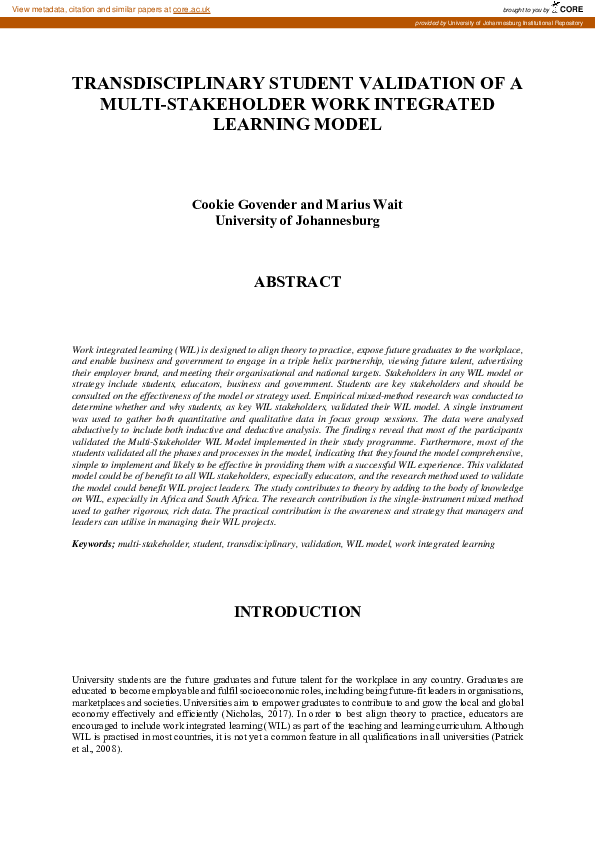 (PDF) Transdisciplinary student validation of a multi-stakeholder work integrated learning model