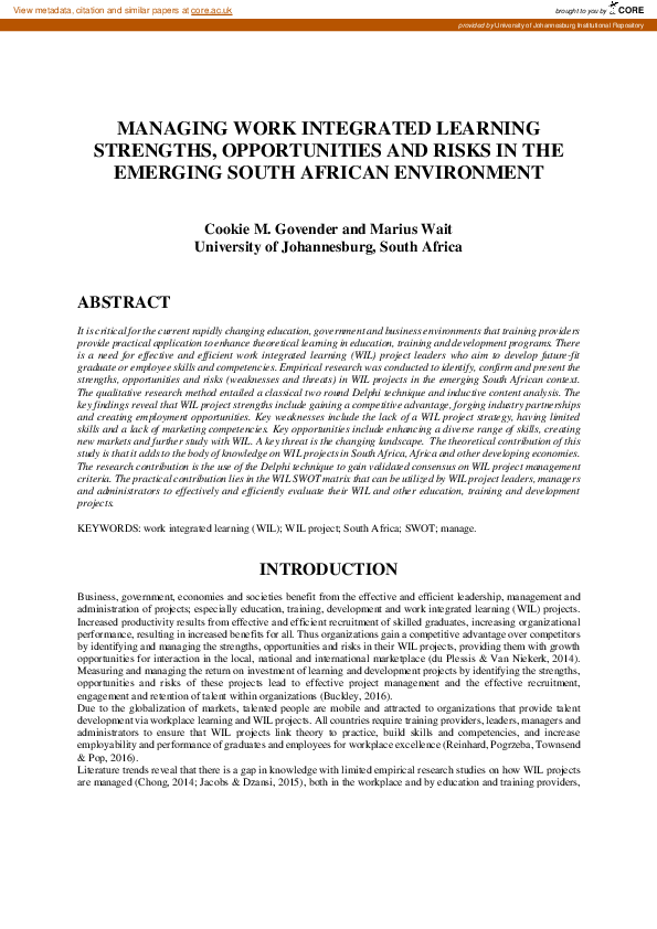 (PDF) Managing work integrated learning strengths, opportunities and ...