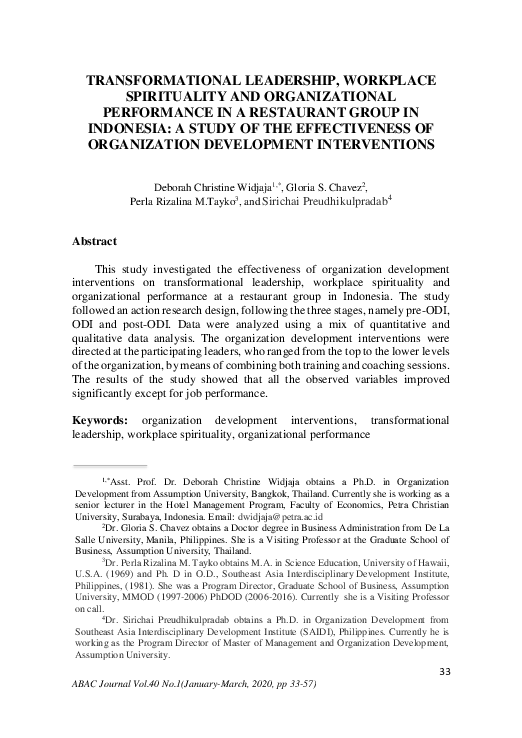 (PDF) Transformational Leadership, Workplace Spirituality and Organizational Performance in A ...
