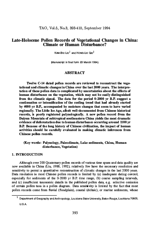 (PDF) Late-Holocene Pollen Records of Vegetational Changes in China:Climate or Human Disturbance