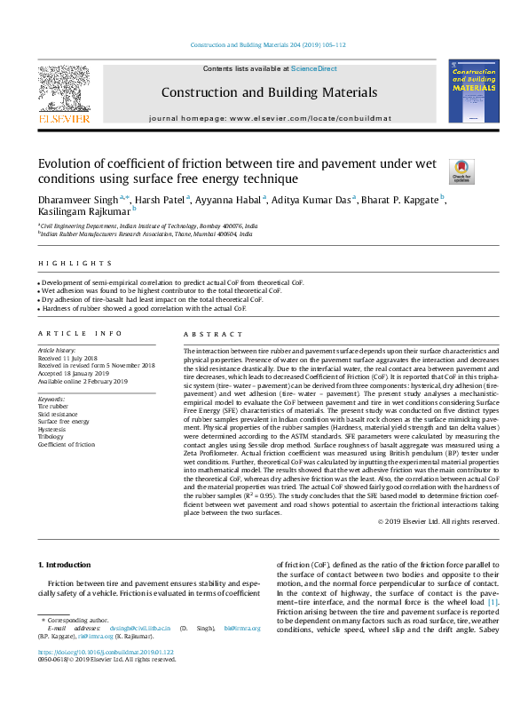 Pdf Evolution Of Coefficient Of Friction Between Tire And Pavement Under Wet Conditions Using