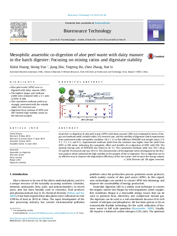 (PDF) Mesophilic anaerobic co-digestion of aloe peel waste with dairy ...