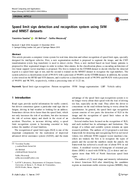 Pdf Speed Limit Sign Detection And Recognition System Using Svm And