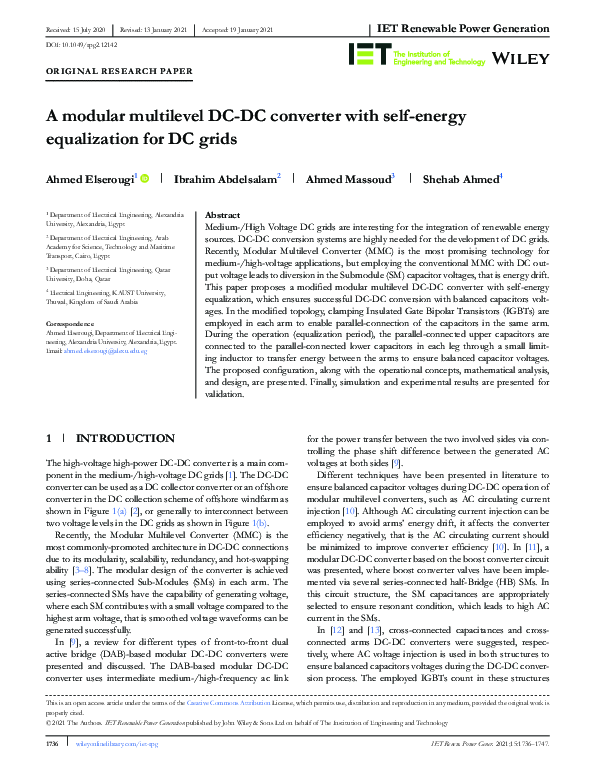 (PDF) A modular multilevel DC‐DC converter with self‐energy equalization for DC grids