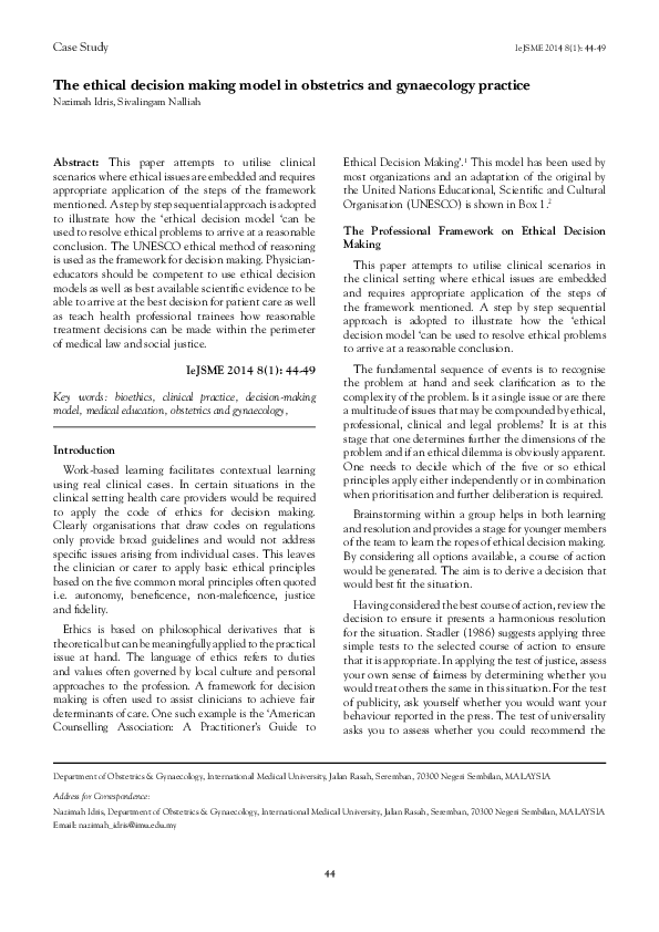 (PDF) The ethical decision making model in obstetrics and gynaecology ...