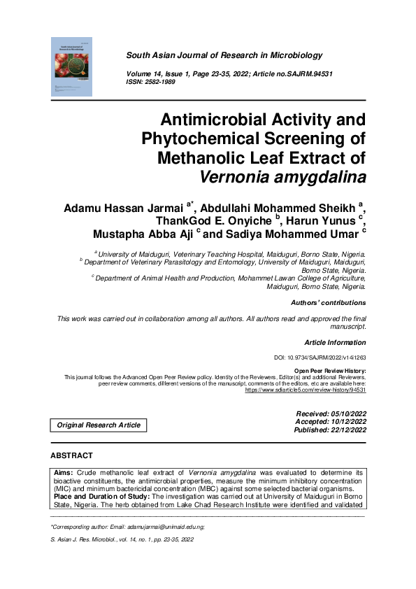 Pdf Antimicrobial Activity And Phytochemical Screening Of Methanolic Leaf Extract Of Vernonia