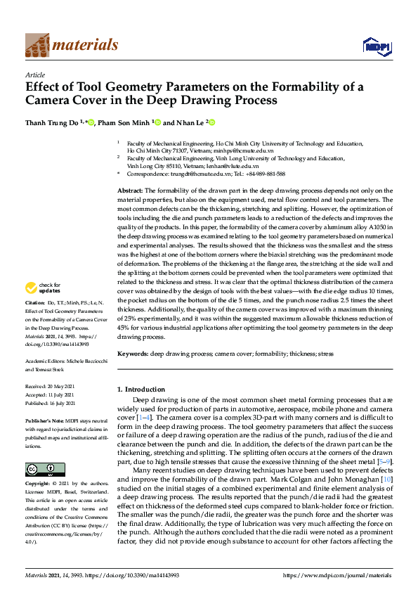 (PDF) Effect of Tool Geometry Parameters on the Formability of a Camera Cover in the Deep ...