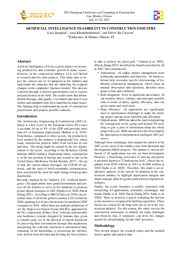 (PDF) Artificial intelligence feasibility in construction industry