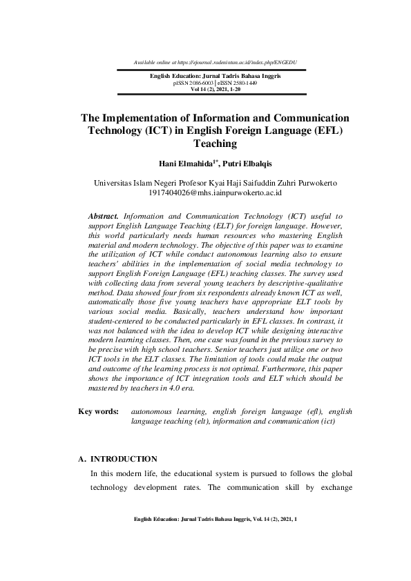 Pdf The Implementation Of Information And Communication Technology