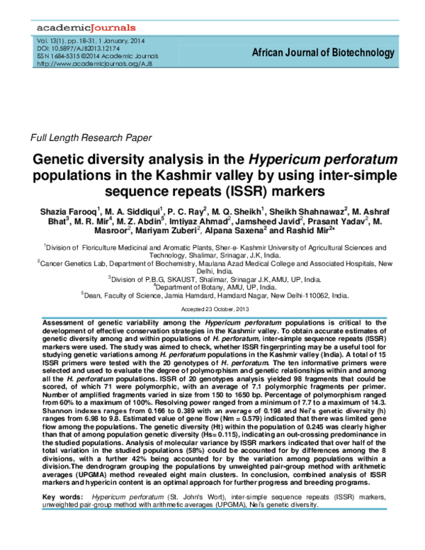 (PDF) Genetic diversity analysis in the Hypericum perforatum populations in the Kashmir valley ...