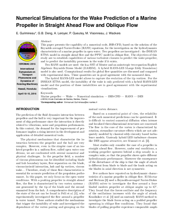 (PDF) Numerical Simulations for the Wake Prediction of a Marine Propeller in Straight-Ahead Flow ...