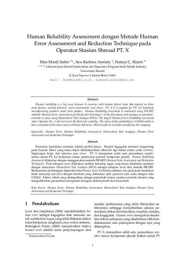 (PDF) Human Reliability Assessment dengan Metode Human Error Assessment and Reduction Technique ...