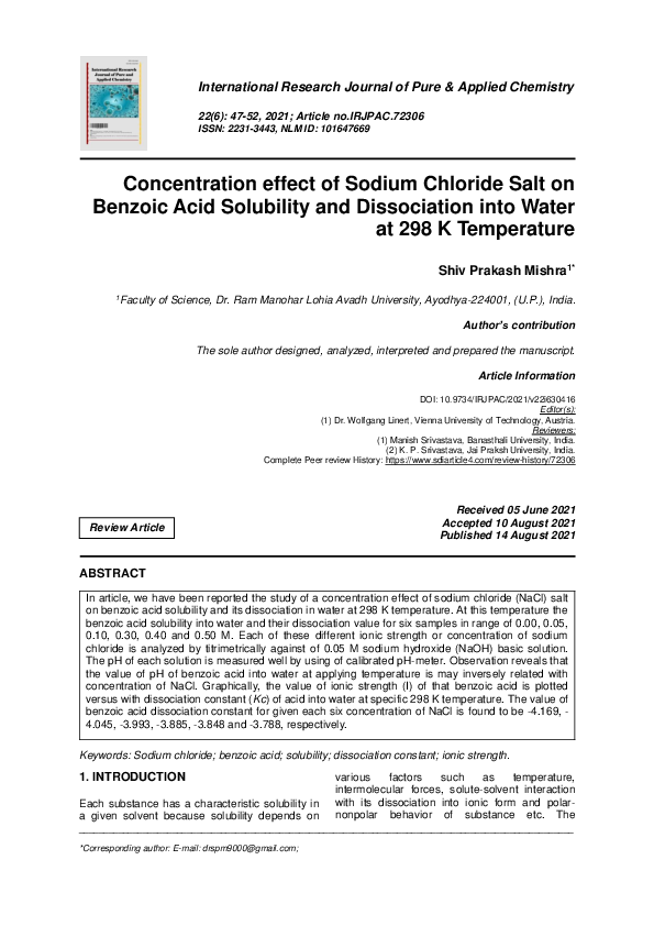 (PDF) Concentration effect of Sodium Chloride Salt on Benzoic Acid Solubility and Dissociation ...