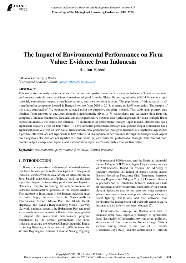 (PDF) The Impact of Environmental Performance on Firm Value: Evidence from Indonesia