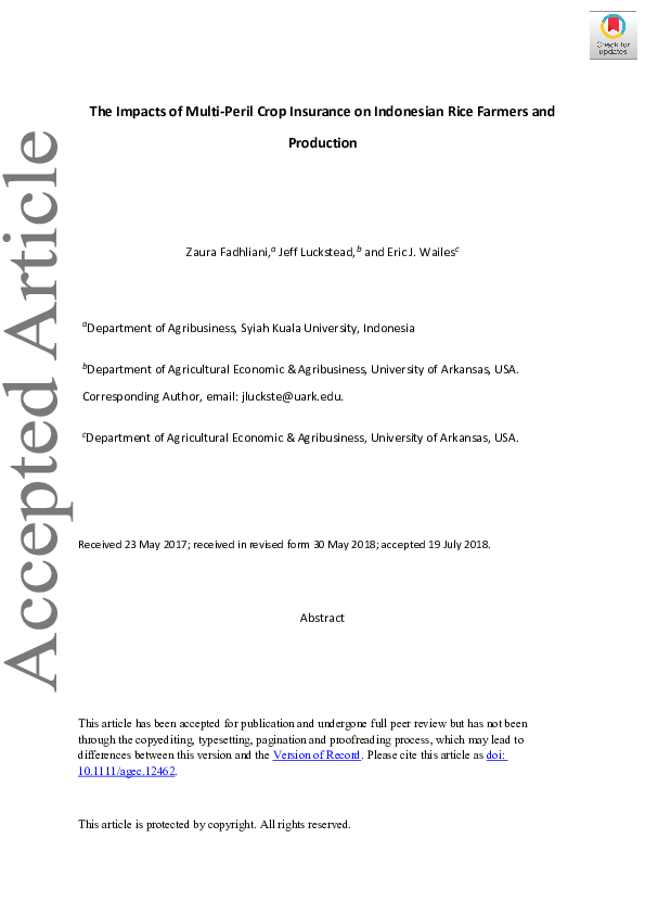 (PDF) The impacts of multiperil crop insurance on Indonesian rice ...