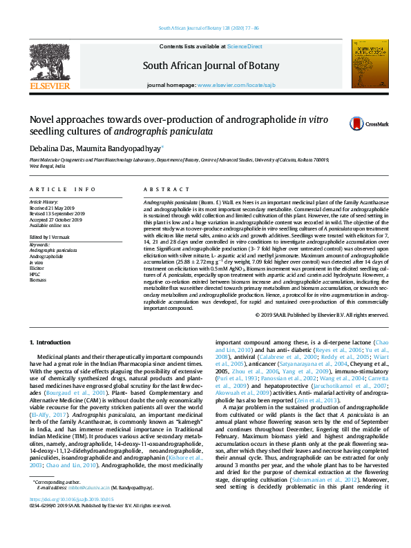 Pdf Novel Approaches Towards Over Production Of Andrographolide In In Vitro Seedling Cultures