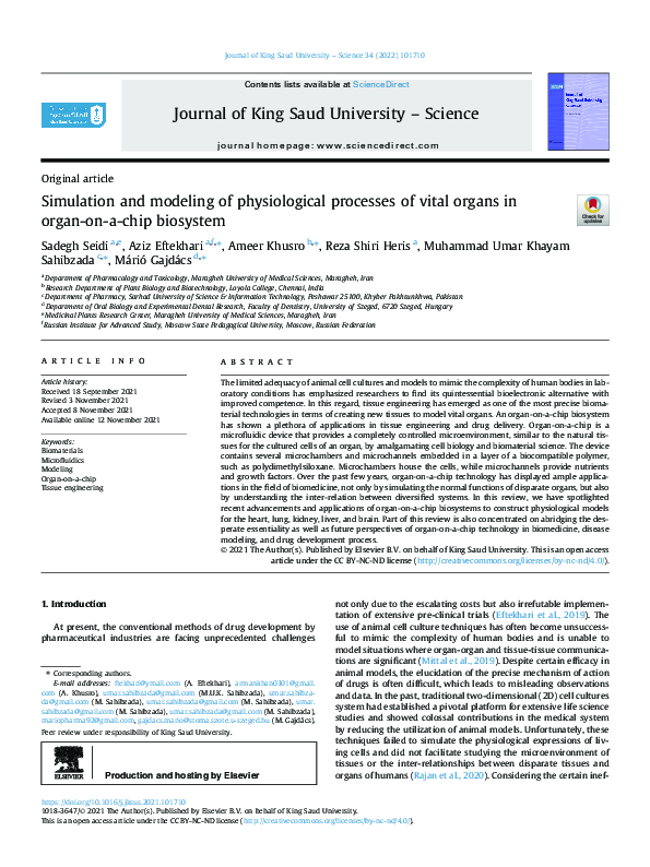 (PDF) Simulation and modeling of physiological processes of vital organs in organ-on-a-chip ...