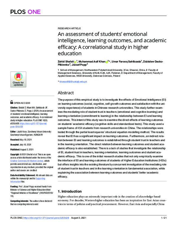 (PDF) An assessment of students’ emotional intelligence, learning outcomes, and academic ...