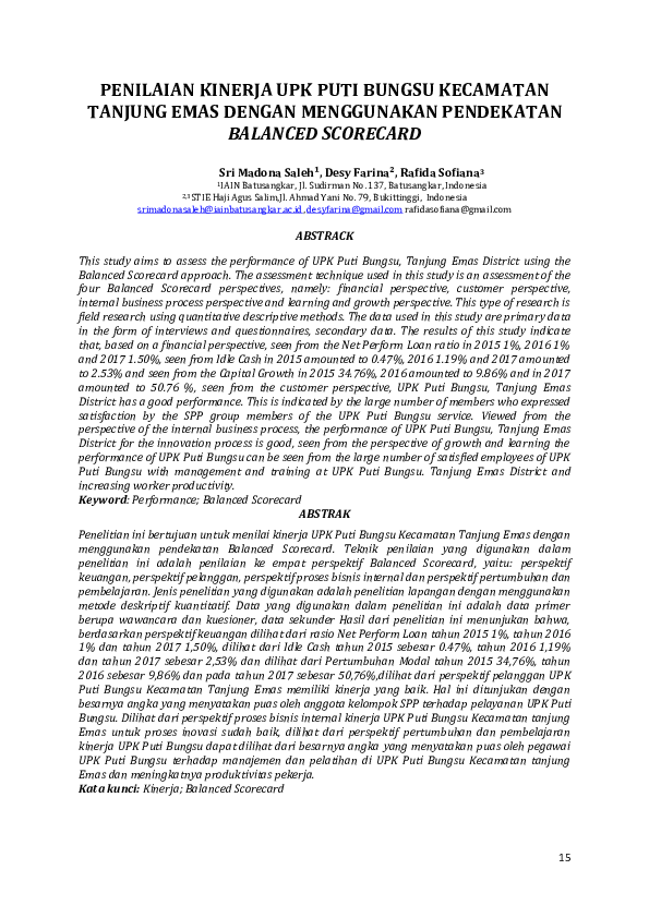 (PDF) Penilaian Kinerja Upk Puti Bungsu Kecamatan Tanjung Emas Dengan Menggunakan Pendekatan ...