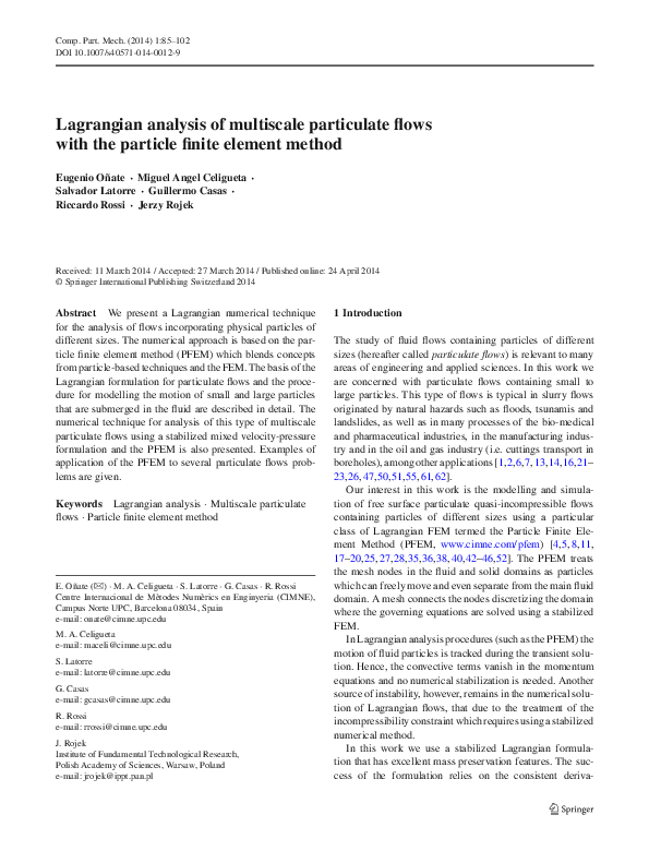 (PDF) Lagrangian analysis of multiscale particulate flows with the particle finite element method