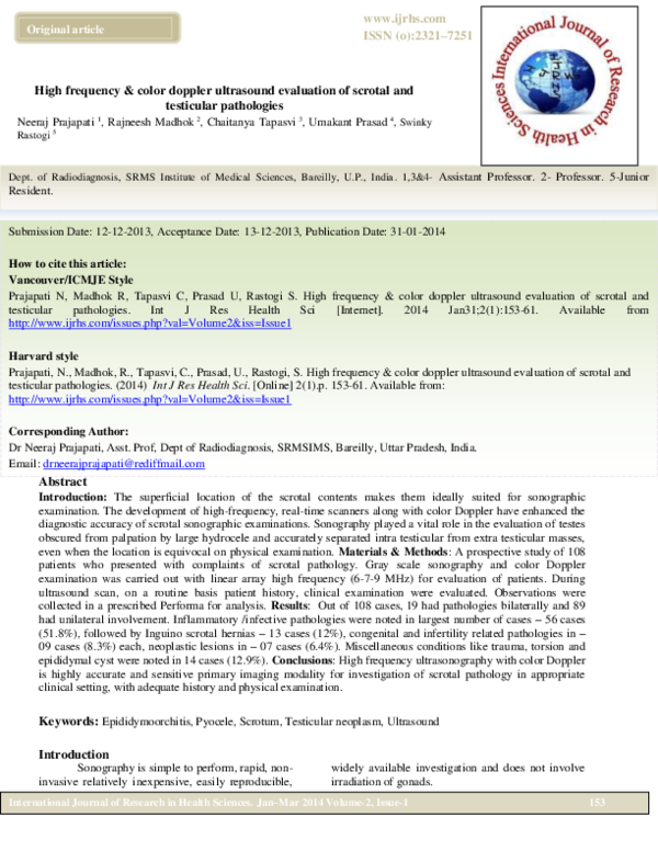 Pdf High Frequency And Color Doppler Ultrasound Evaluation Of Scrotal