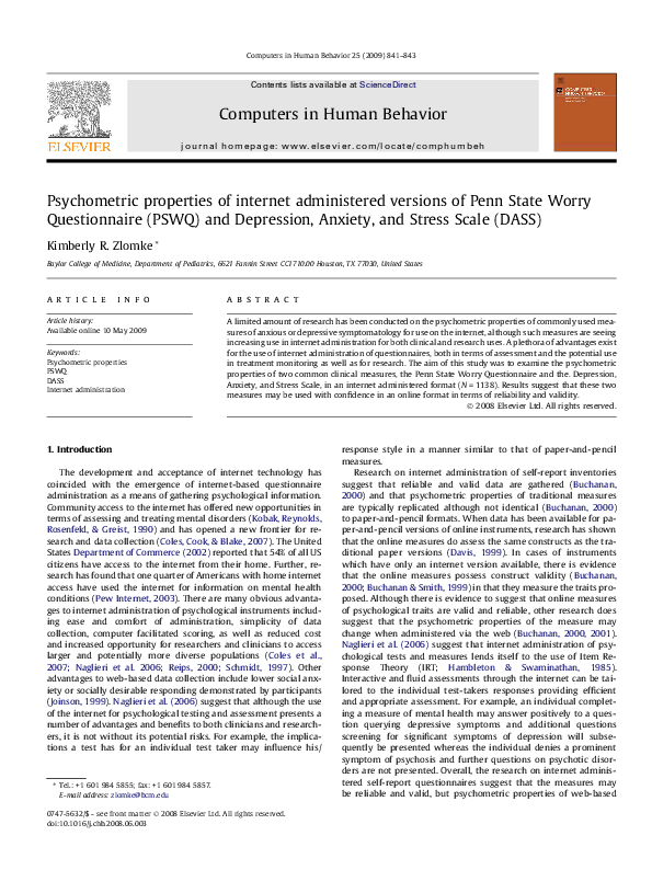 (PDF) Psychometric properties of internet administered versions of Penn ...