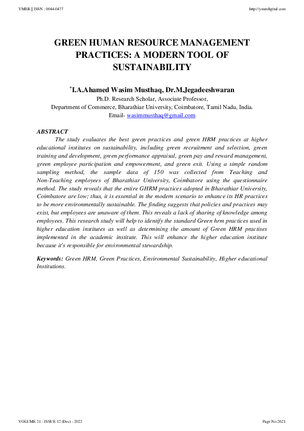 (PDF) Evaluating Green HRM Practices for Sustainability