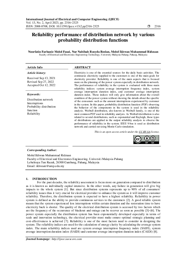 Pdf Reliability Performance Of Distribution Network By Various