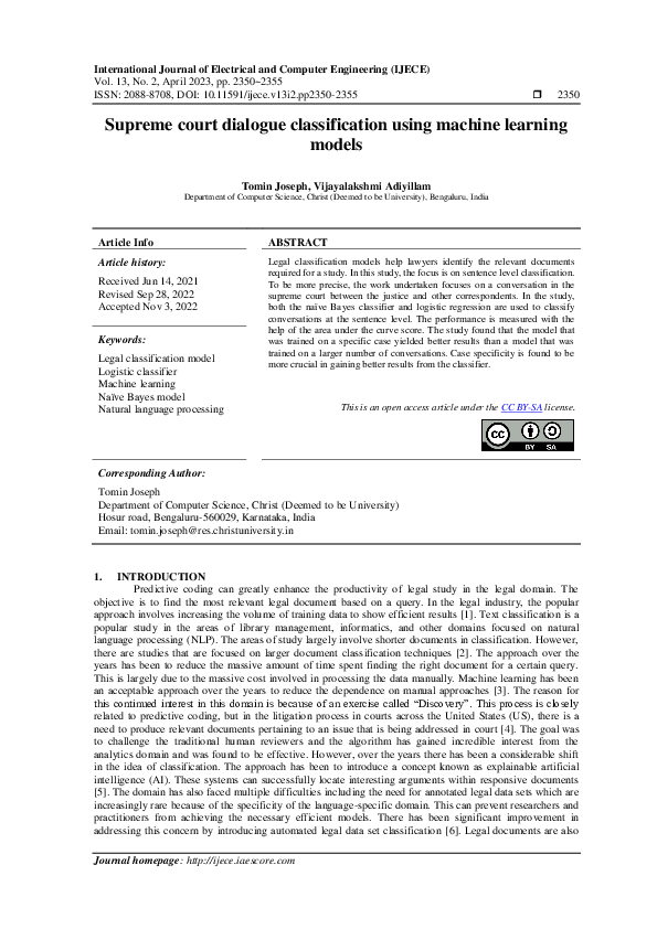 Pdf Supreme Court Dialogue Classification Using Machine Learning Models