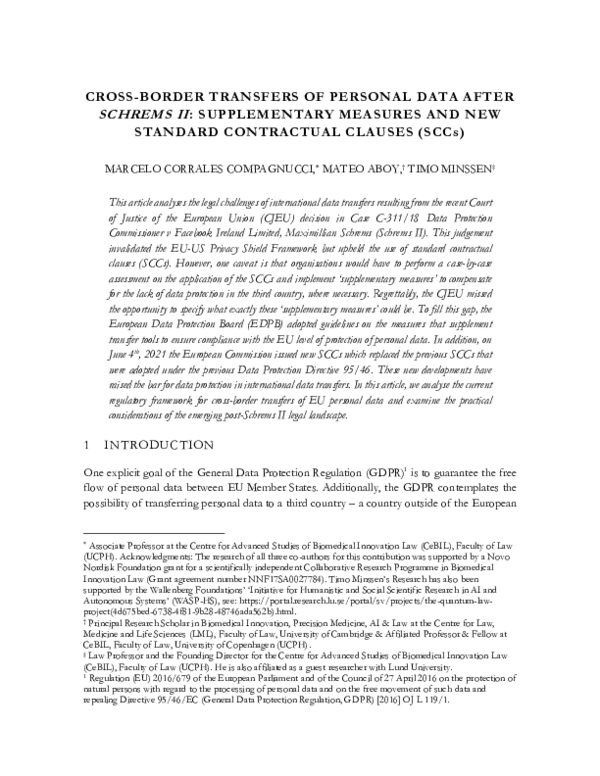 (PDF) Cross-Border Transfers of Personal Data after Schrems II: Supplementary Measures and New ...