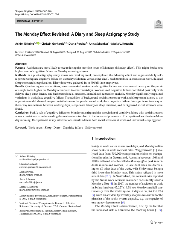 (PDF) The Monday Effect Revisited: A Diary and Sleep Actigraphy Study