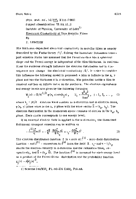 (PDF) Electrical Conductivity of Thin Metallic Films with Unlike Surfaces