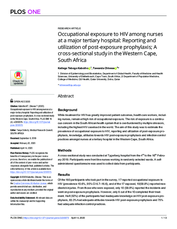 (PDF) Occupational exposure to HIV among nurses at a major tertiary ...