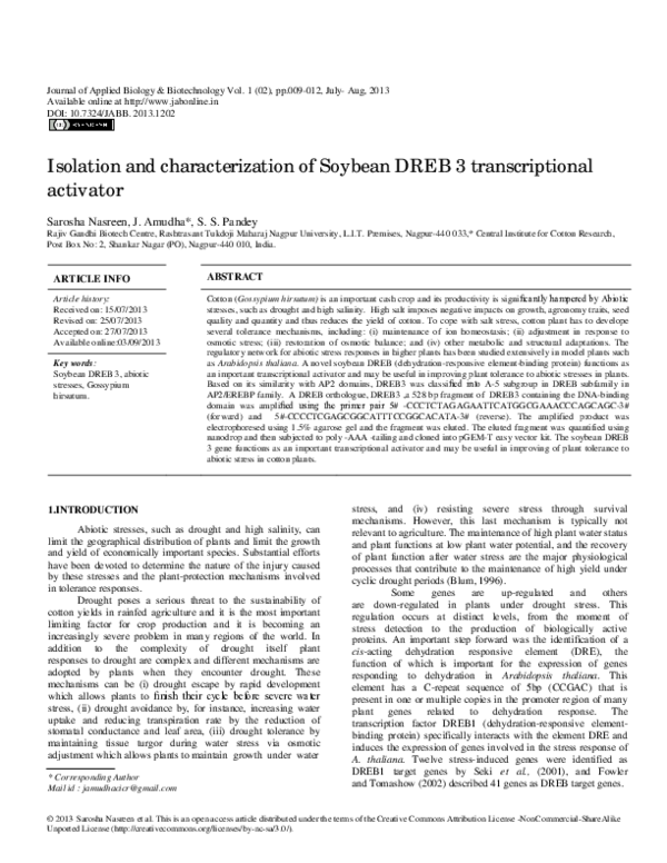 (PDF) Isolation and characterization of Soybean DREB 3 transcriptional activator