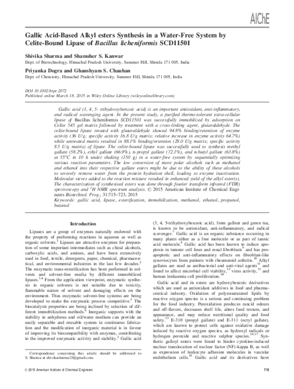(PDF) Gallic acid-based alkyl esters synthesis in a water-free system ...