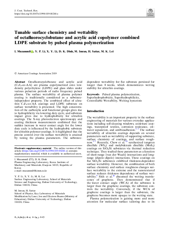 (PDF) Tunable surface chemistry and wettability of ...