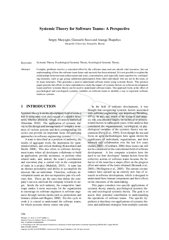 (PDF) Systemic Theory for Software Teams: A Perspective