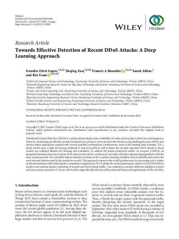 Pdf Towards Effective Detection Of Recent Ddos Attacks A Deep Learning Approach Ivandro