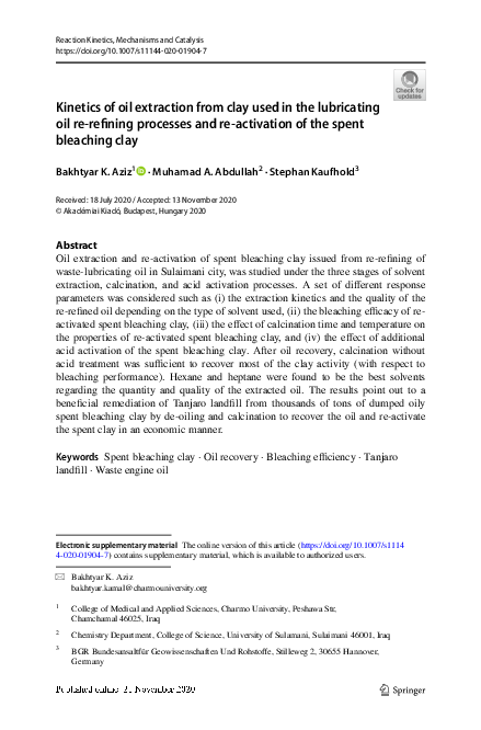 (PDF) Kinetics of oil extraction from clay used in the lubricating oil ...