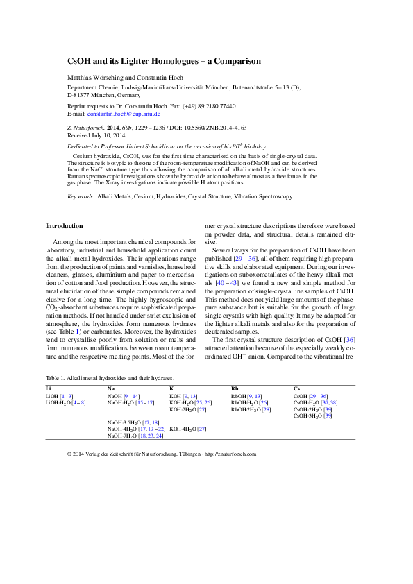 (PDF) CsOH and its Lighter Homologues – a Comparison